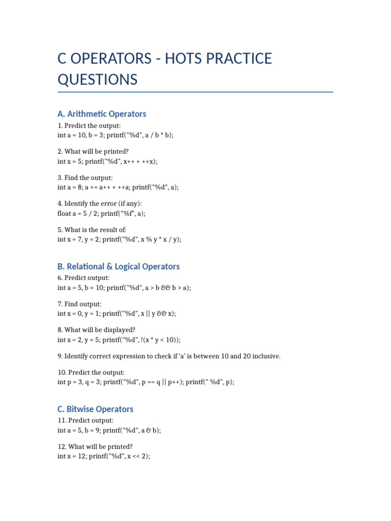 C Operators HOTS Questions | PDF | Chess | Chess Theory