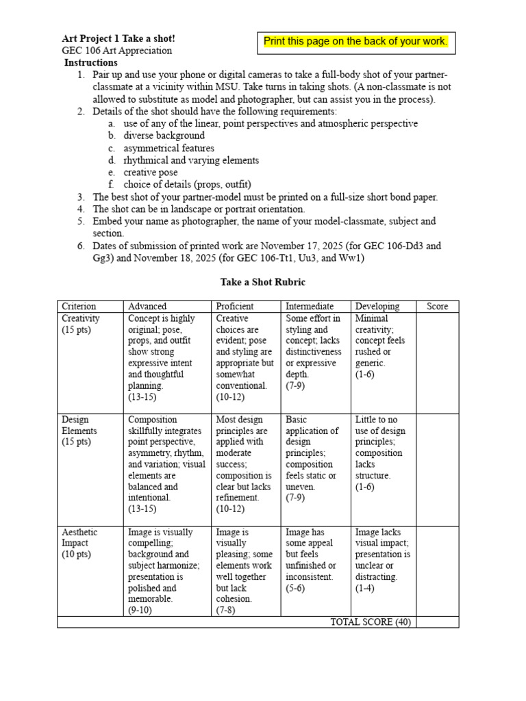 Art Project 1 Take A Shot | PDF | Composition (Visual Arts) | Vision