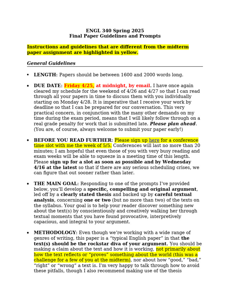 ENGL 340 Spring 2025 Final Paper Prompts and Guidelines | PDF ...