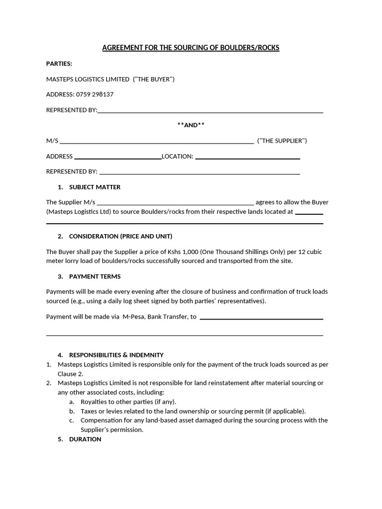 Boulder Sourcing Agreement Template | PDF