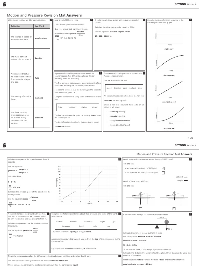 KS3 Motion and Pressure Revision Mat Foundation Answers | PDF | Force | Pressure