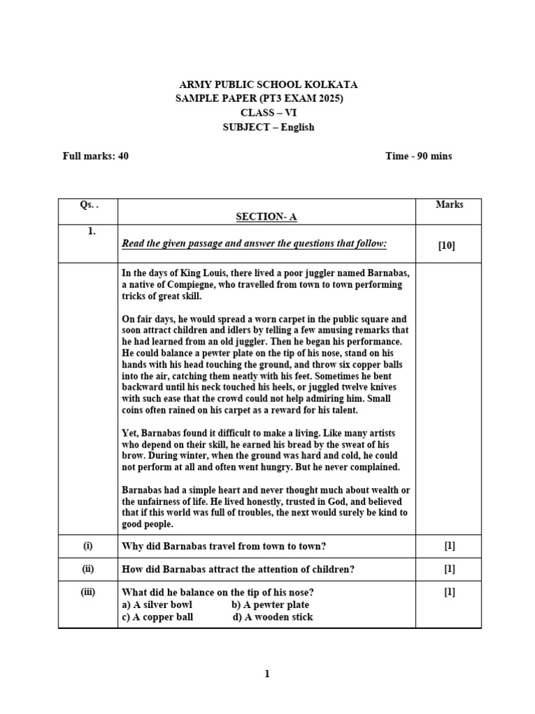Aps Class 6 English PT 3 Sample Paper 2025 | PDF