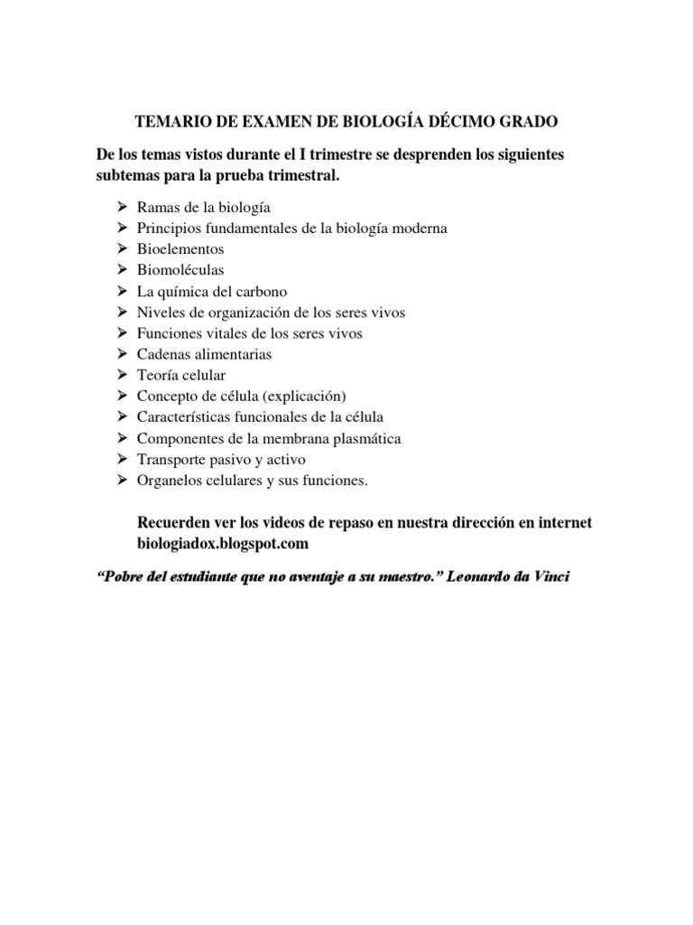 Temario de Examen de Biología Décimo Grado | PDF | Ciencia y matemáticas