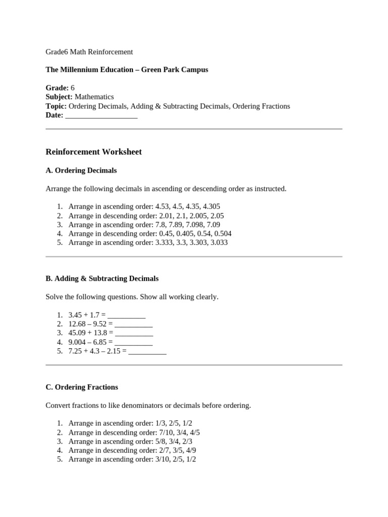 Grade 6 Math: Decimals & Fractions Worksheet | PDF