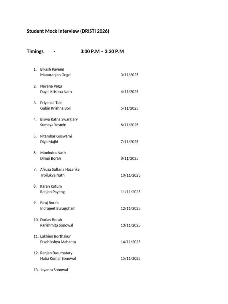 DRISTI 2026 Student Mock Interviews Schedule | PDF