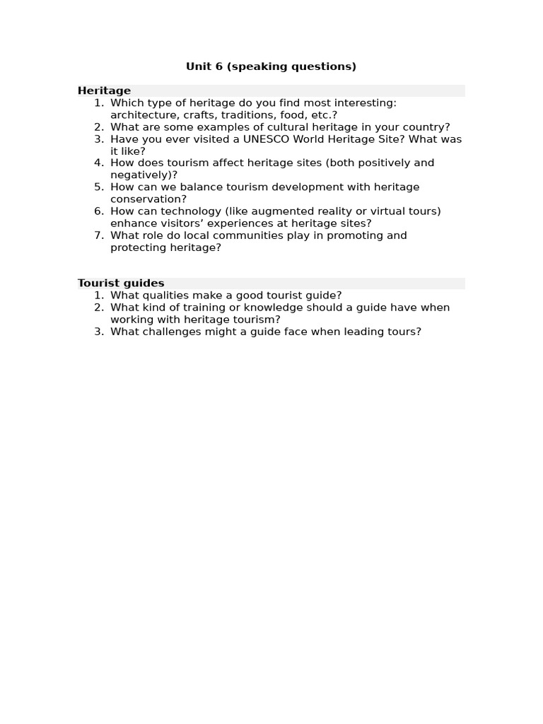 Heritage and Tourism Discussion Questions | PDF