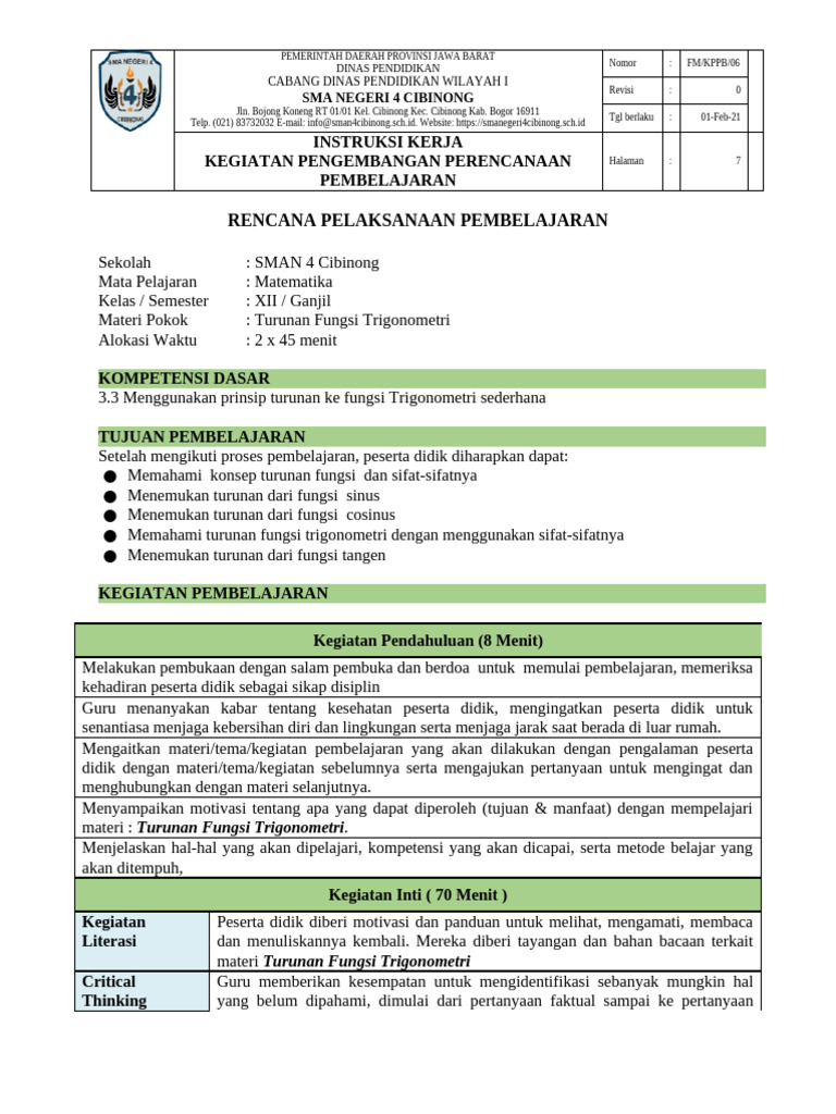 RPP Menemukan Turunan Sinus Dan Cosinus | PDF