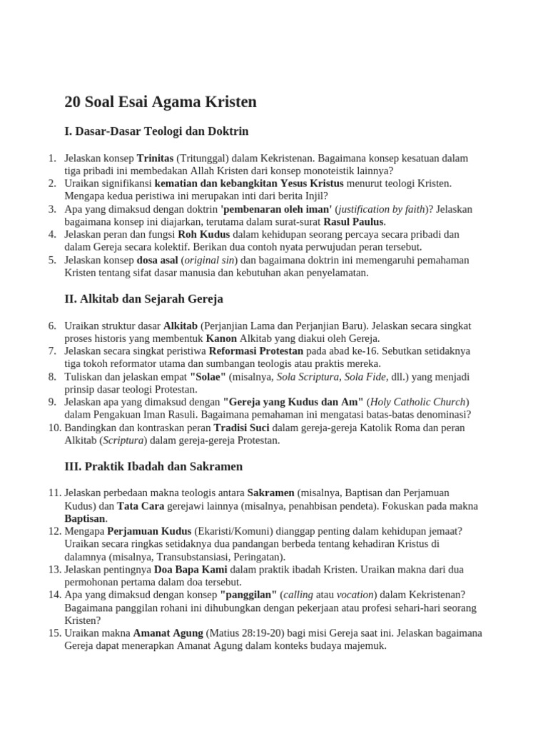 20 Soal Esai Agama Kristen | PDF