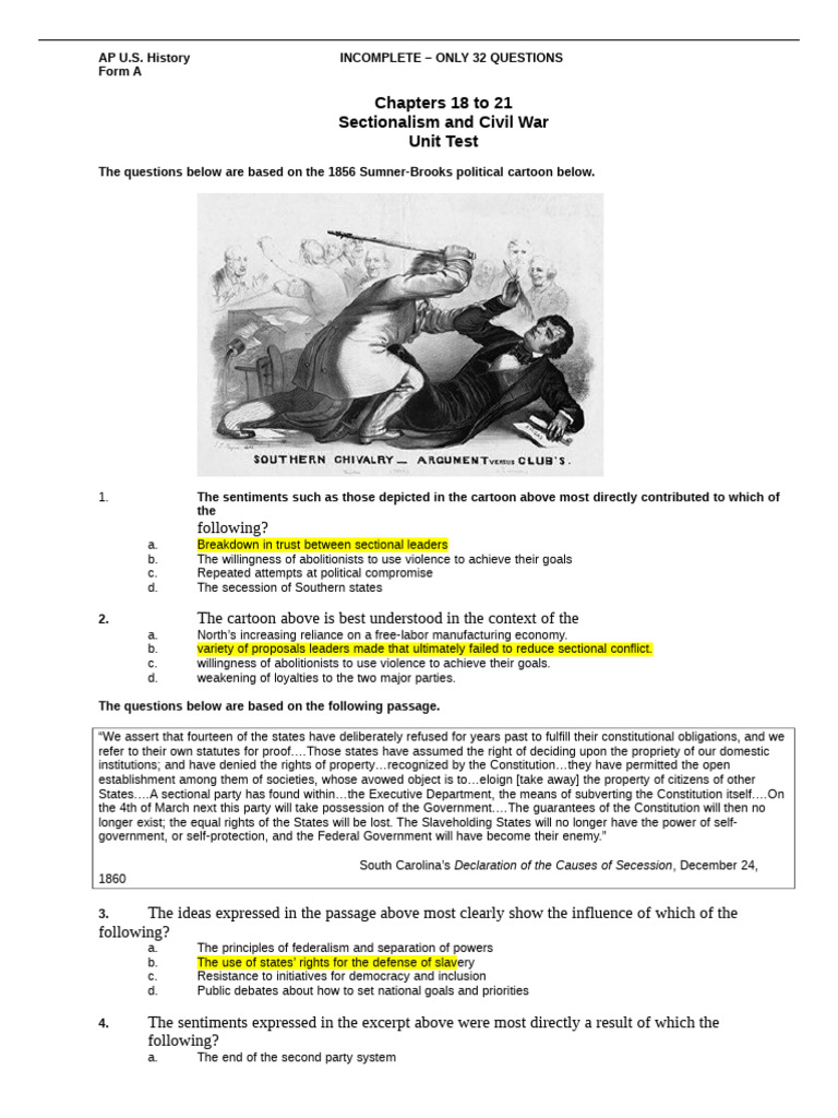 Civil War Unit Test: Sectionalism Insights | PDF | Dred Scott V ...