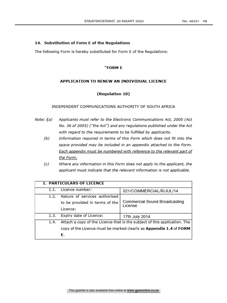 Amendment of The PP Regulations For Individual Licences 2023 Form E v2 ...