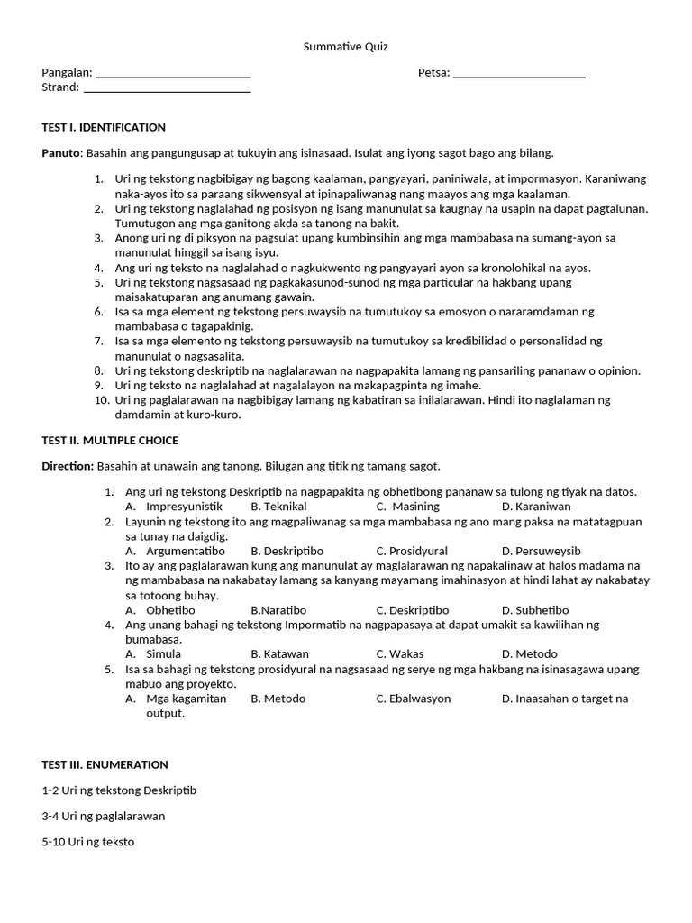 1st Summative Quiz | PDF