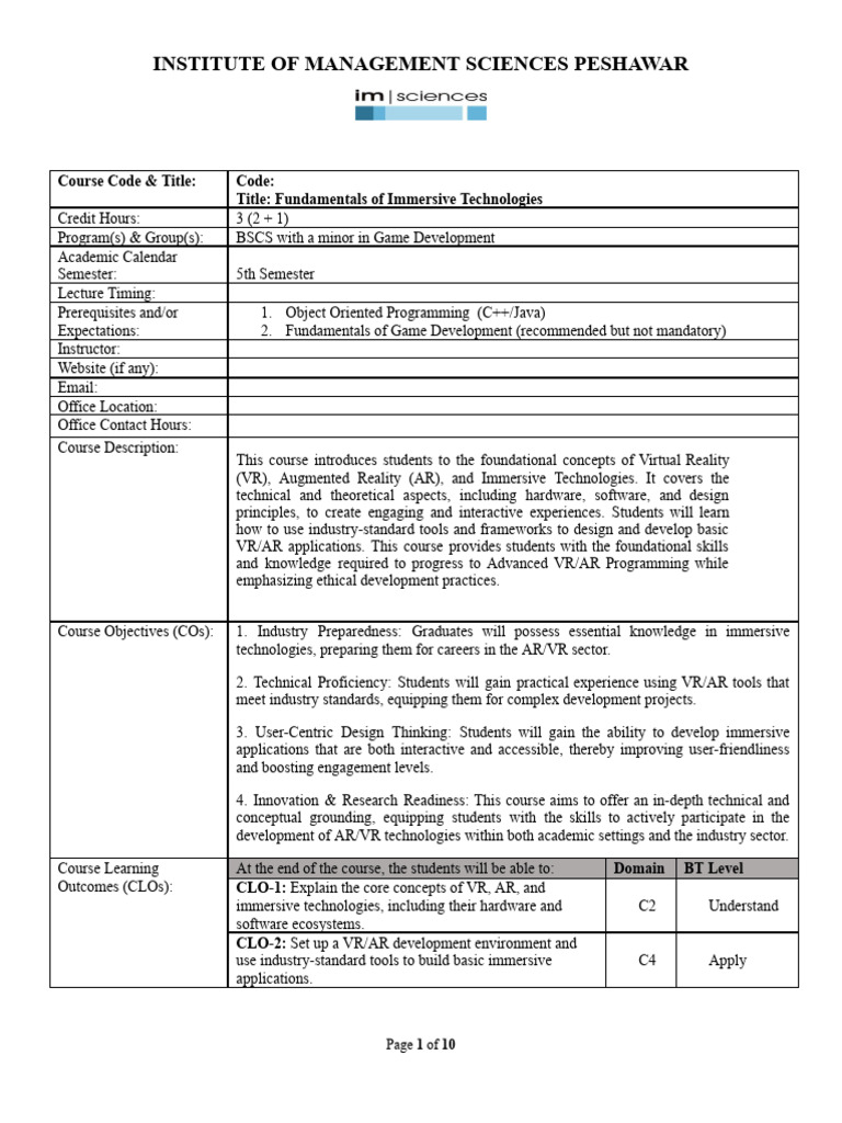 Fundamental of Immersive Technologies Course Outline | PDF | Augmented ...