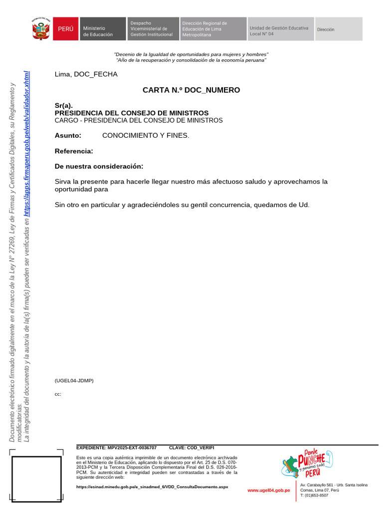 Carta 00000 2025 Minedu Vmgi Drelm Ugel04 Dir 31859309 | PDF