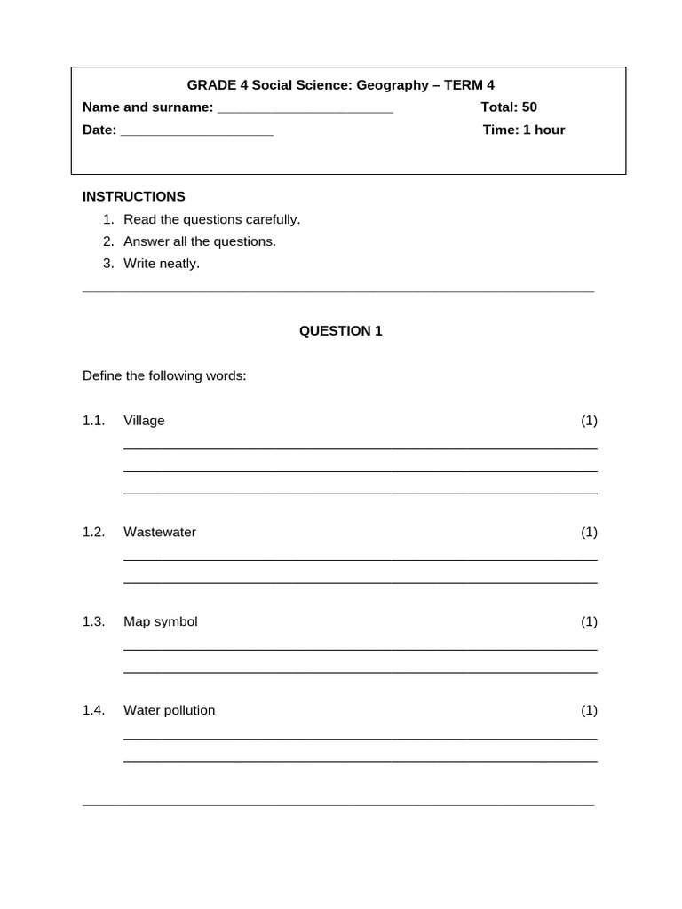 Grade 4 Geography Exam: Water & Environment | PDF | Water | Soil