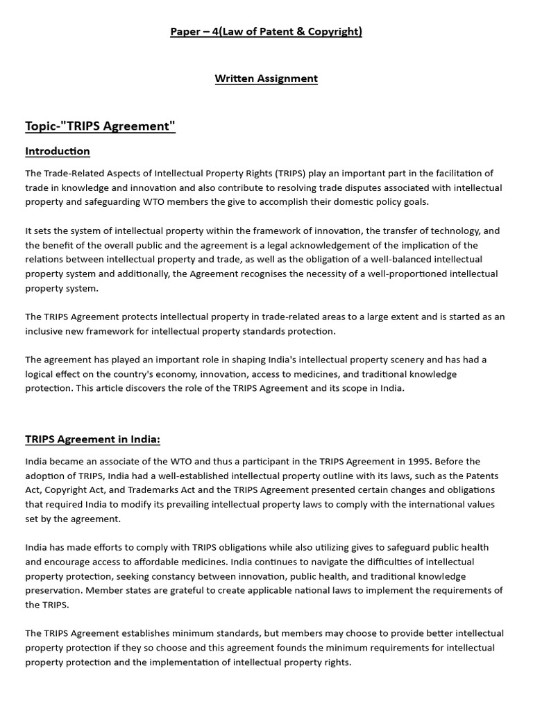 Paper IV (Assingment) | PDF | Intellectual Property | Trips Agreement