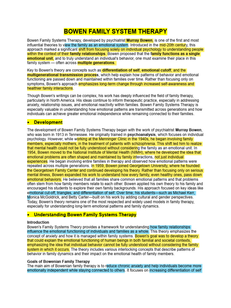 Bowen Family Systems Therapy Overview | PDF | Psychotherapy | School ...
