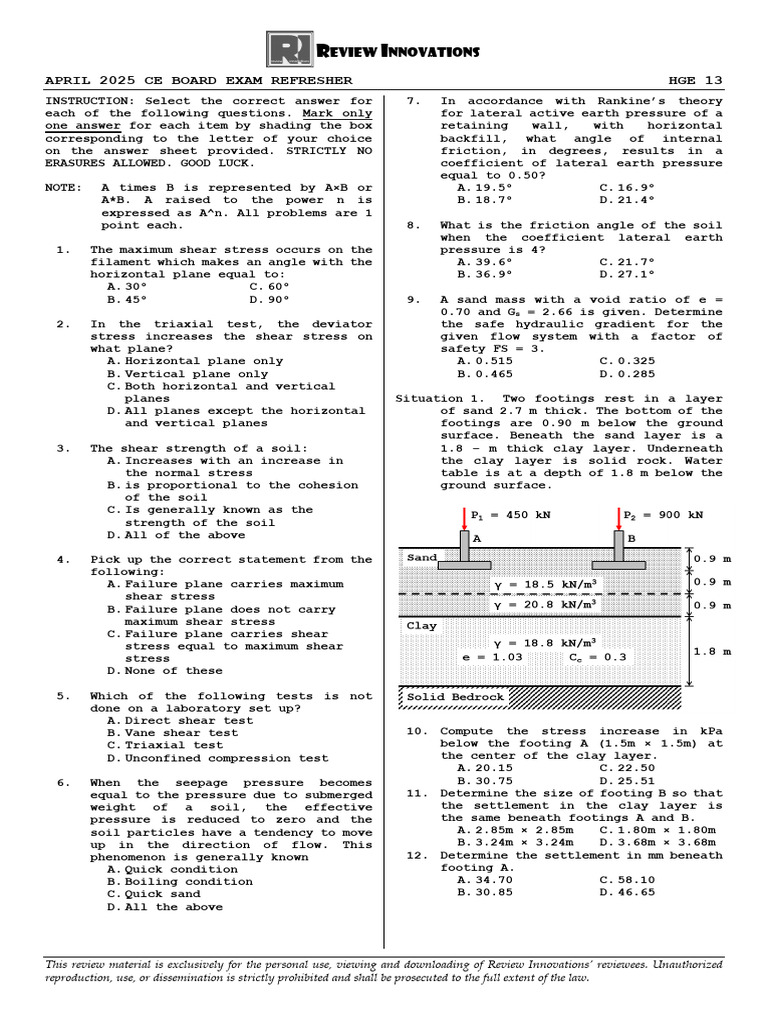 April 2025 CE Exam Review Questions | PDF | Classical Mechanics | Soil