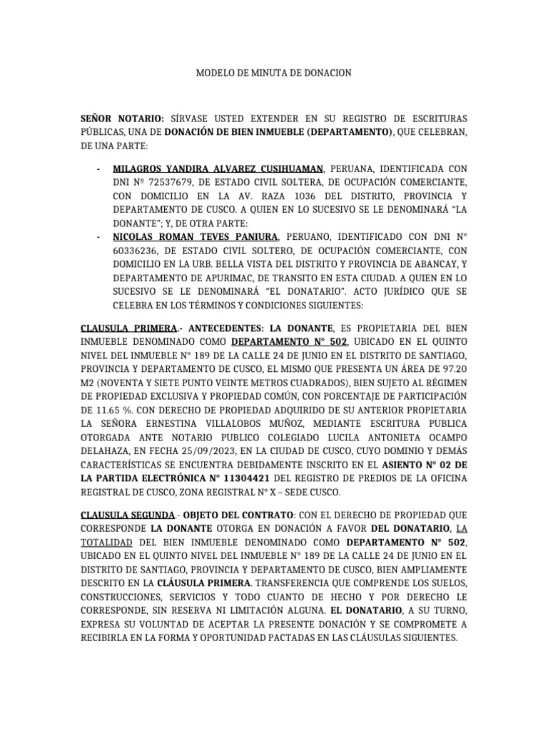 Modelo de Minuta de Donacion 2024 | PDF | Donación