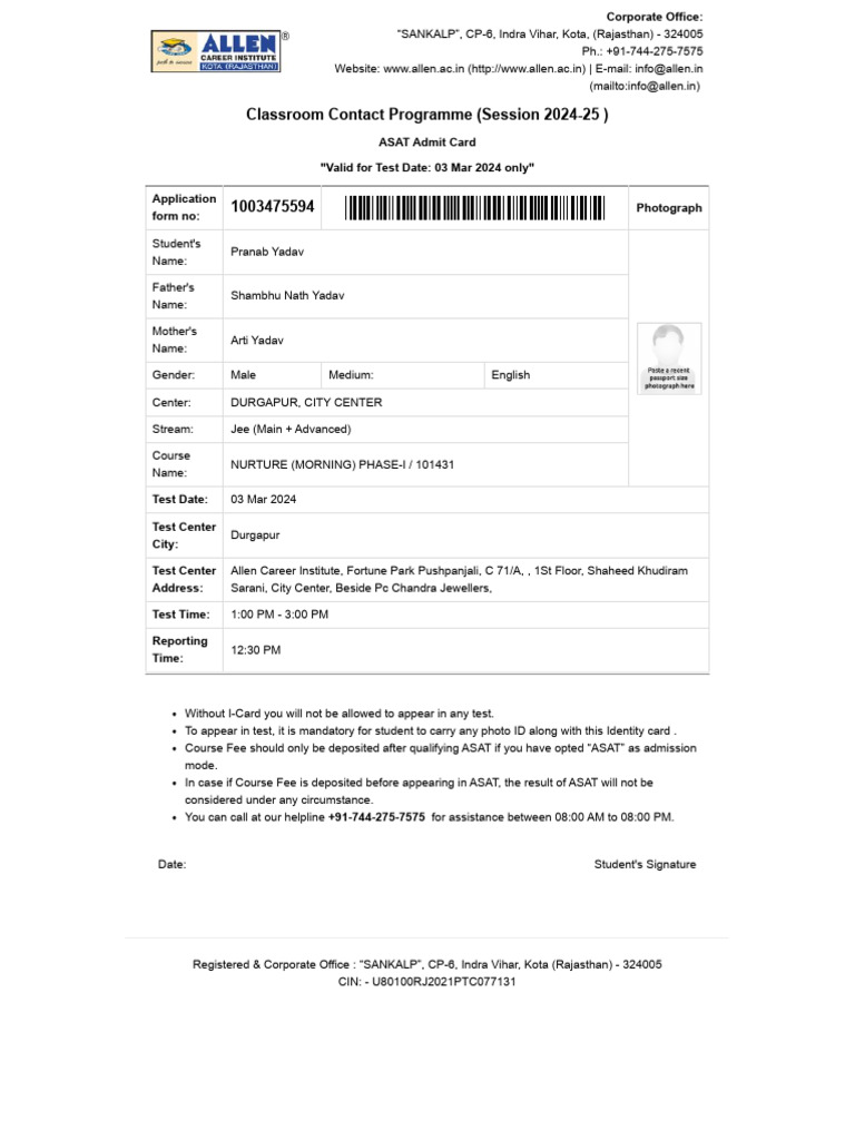 Admit Card (Session 2024-25) - ALLEN Career Institute Pvt. LTD | PDF