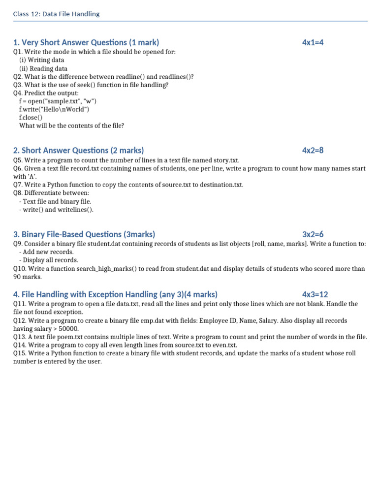 CBSE Class12 DataFileHandling Questions | PDF