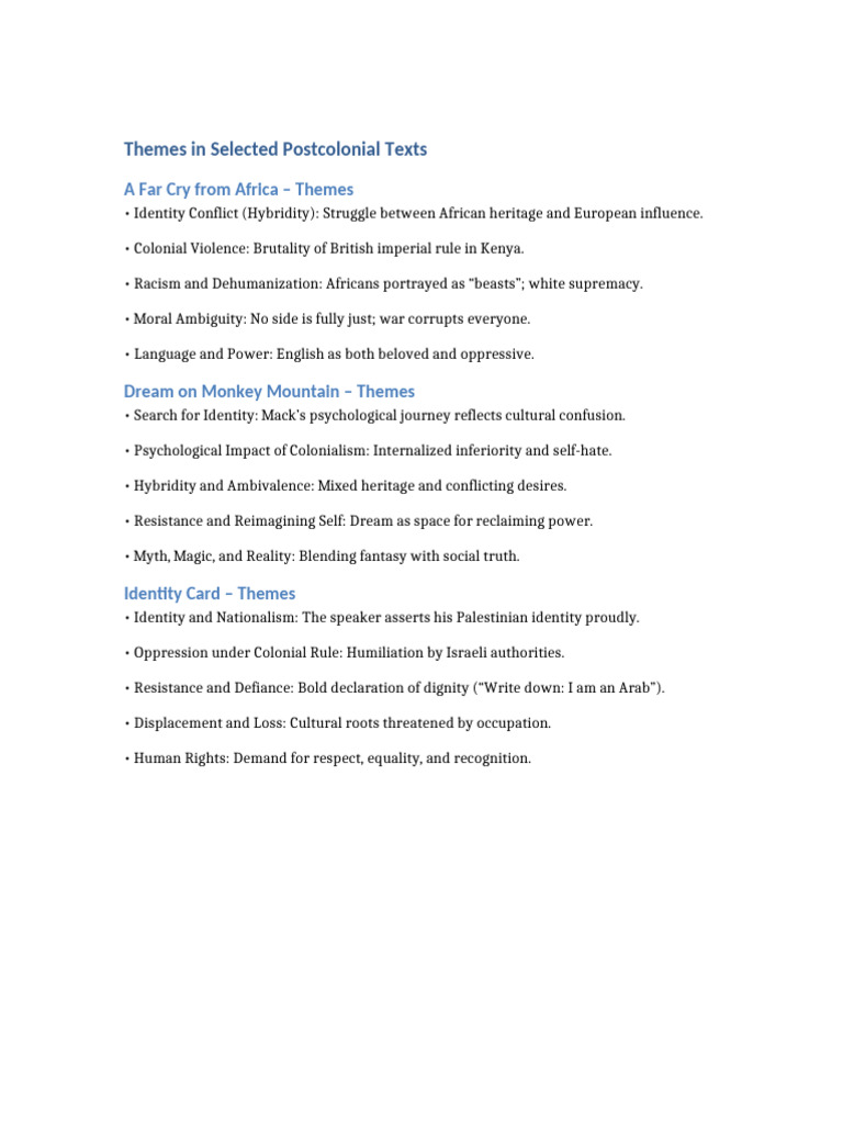 Themes Postcolonial Texts | PDF