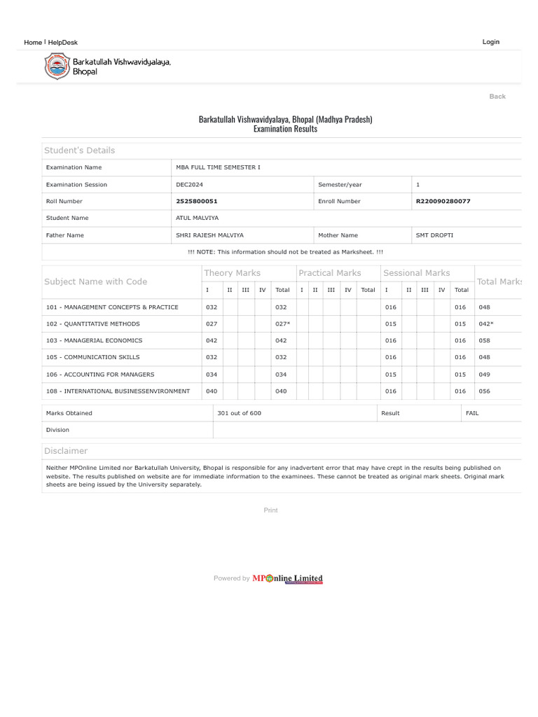 Barkatullah University, Bhopal Sem 1 | PDF