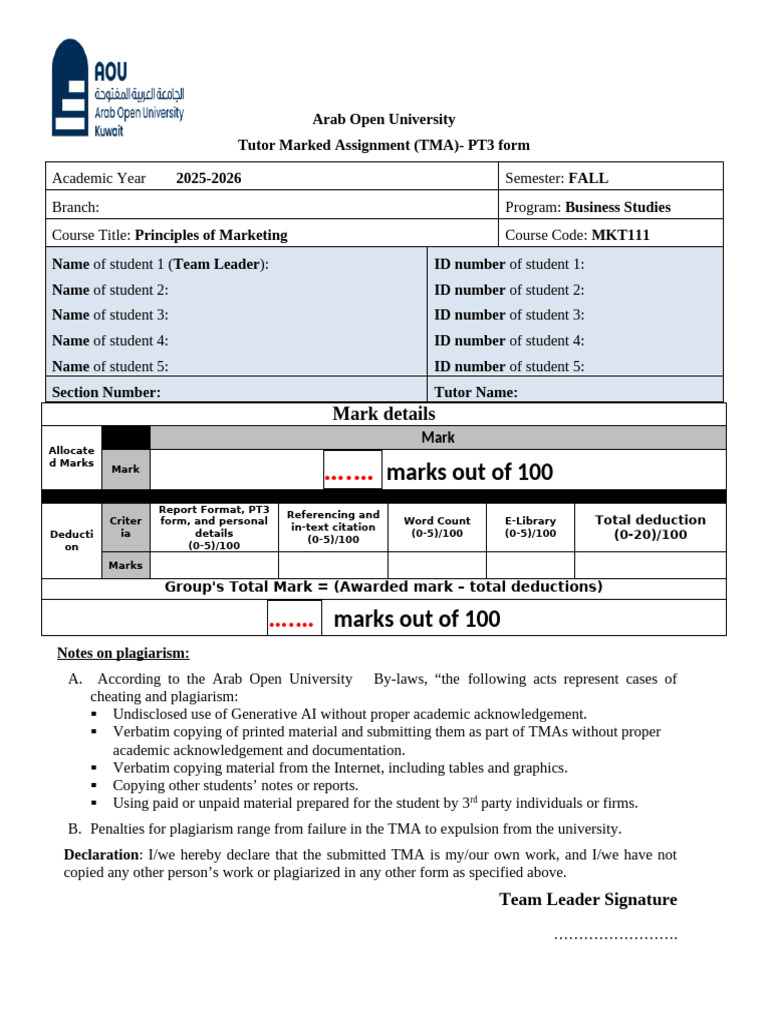 Mkt111 Pt3 Tma Form - Fall 25-26 | PDF | Plagiarism
