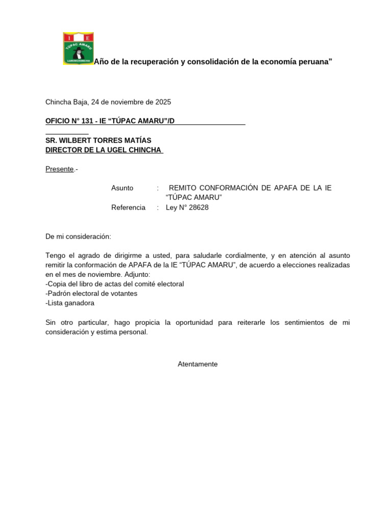 Oficio Ugel 131-Conformacion Apafa 2026 | PDF