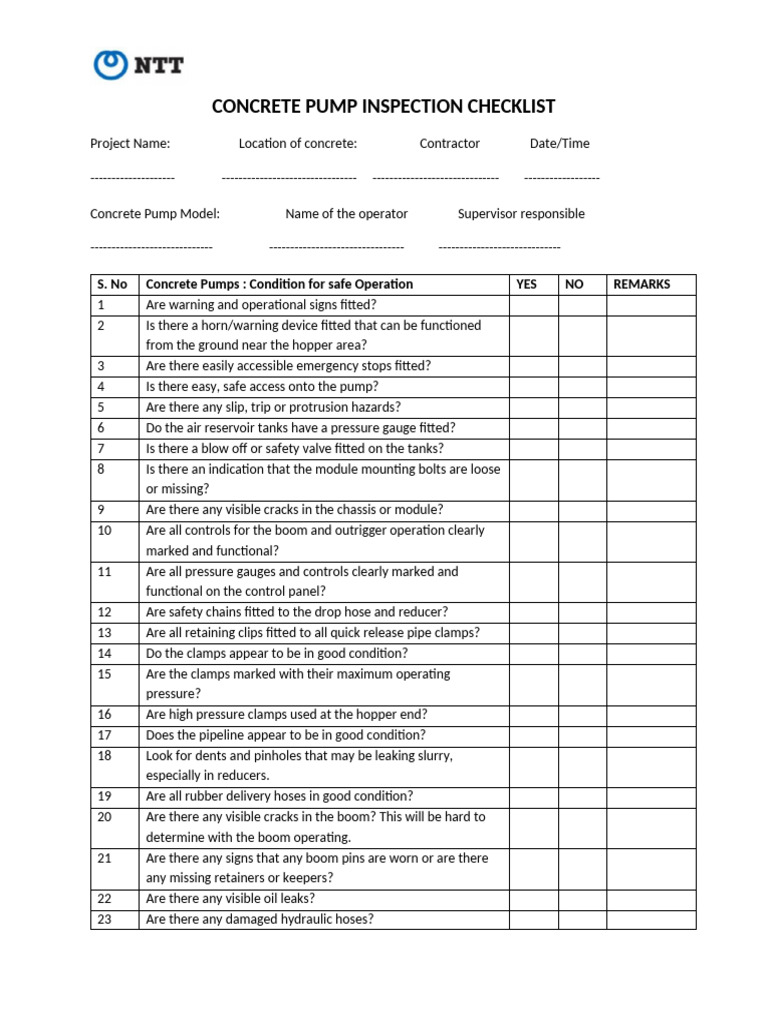 Concrete Pump Safety Inspection Checklist | PDF | Pump | Valve