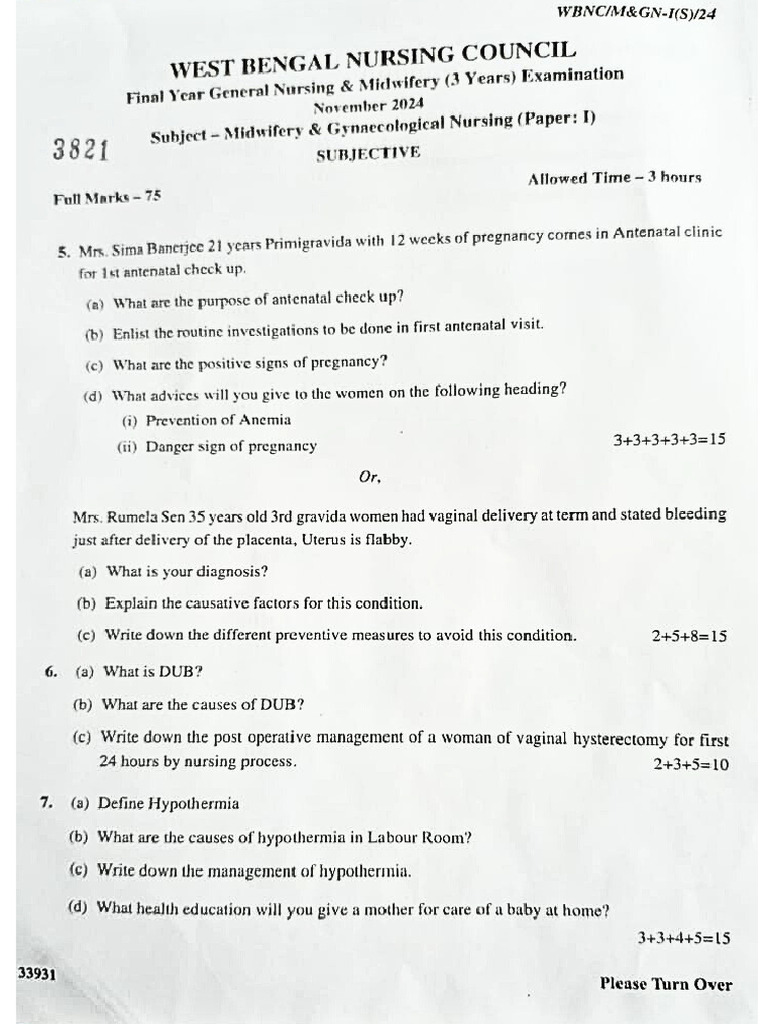 GNM 3rd Year Question Paper 1 | PDF