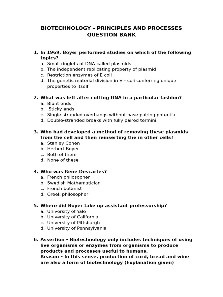 Biotechnology Principles Question Bank | PDF | Dna | Molecular Cloning