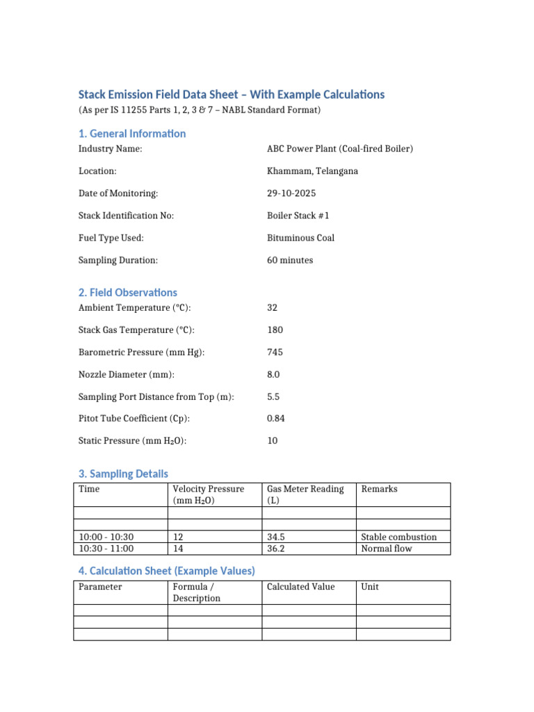Stack Emission Data Sheet & Calculations | PDF | Flow Measurement | Gases