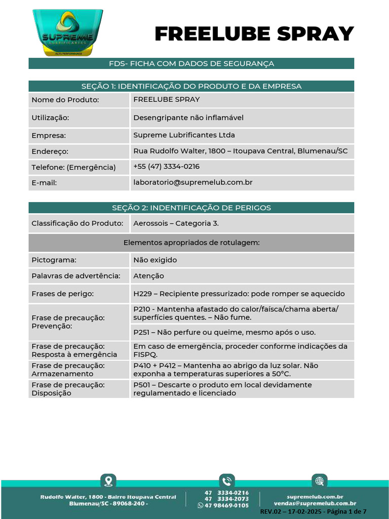 FDS - FreeLube Spray Desingripante | PDF | Toxicidade | Águas residuais