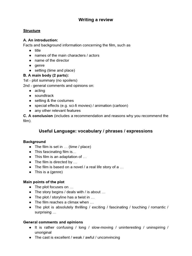 Writing A Review (Structure & Vocabulary) | PDF