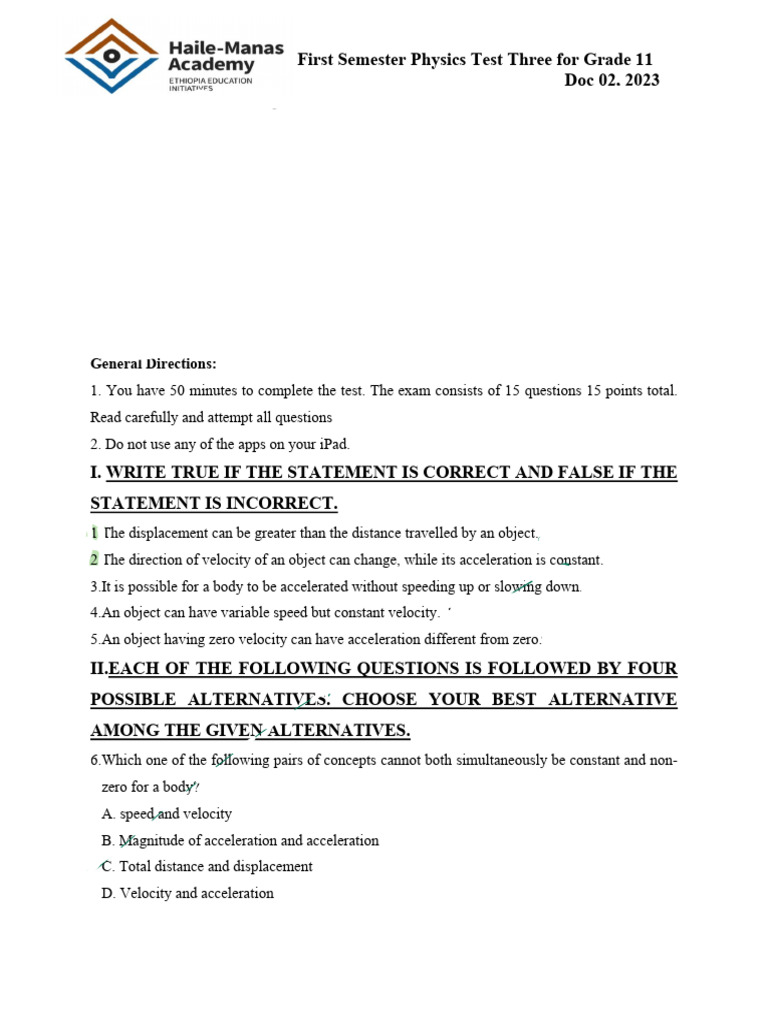 Grade 11 Physics Test Three Firest Semester. | PDF | Velocity ...