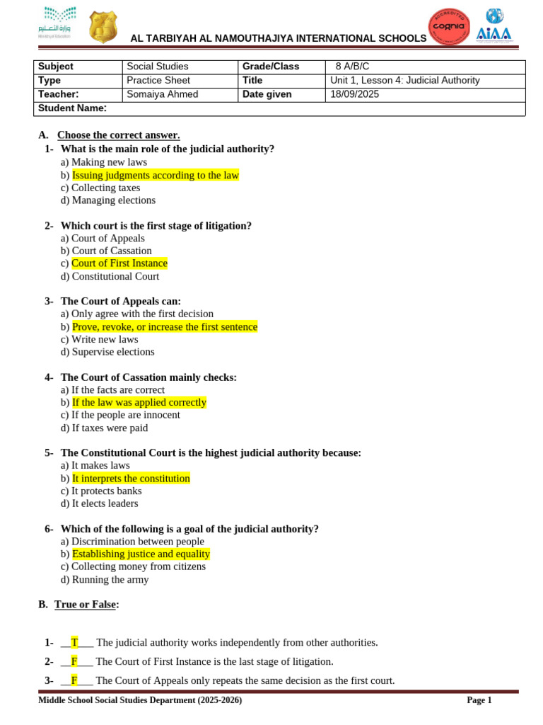 Grade 8 - Social Studies- Unit 1 Lesson 4 - AK | PDF | Judiciaries ...