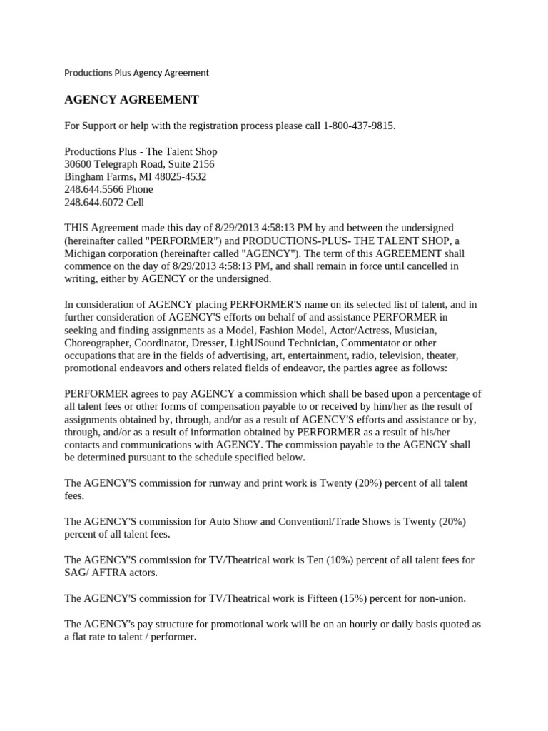 187398235 Productions Plus Agency Agreement | PDF | Employment | Business