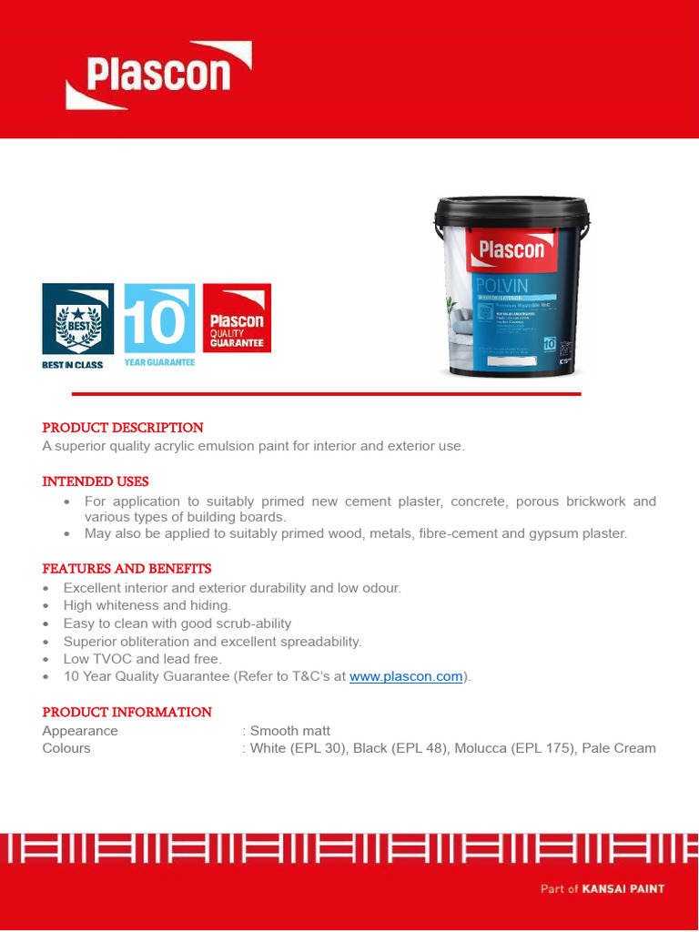 POLVIN Acrylic Emulsion Paint Data Sheet | PDF | Plaster | Acrylic Paint
