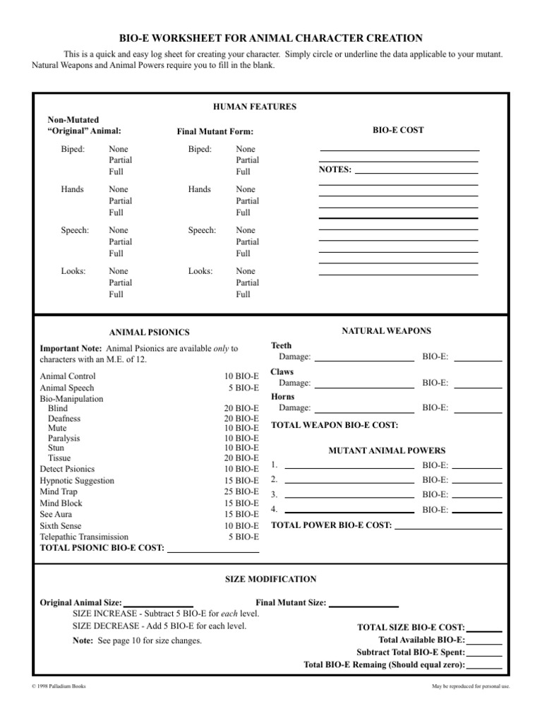 Animal Character Creation Bio-E Worksheet | PDF