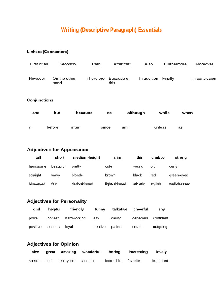 Writing (Descriptive Paragraph) Essentials | PDF