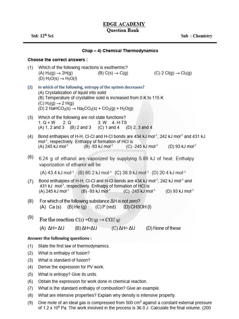 Chem Ques Bank CH - 4 (TS, MW) | PDF | Enthalpy | Chemical Reactions