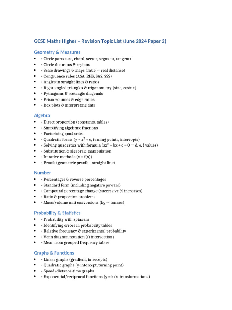 GCSE Maths Revision Topics June2024 | PDF