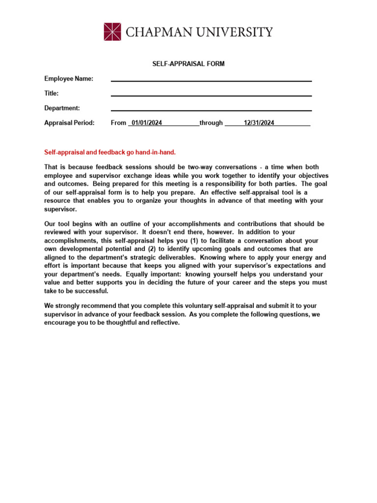 Self-Appraisal Form Template 2024 | PDF