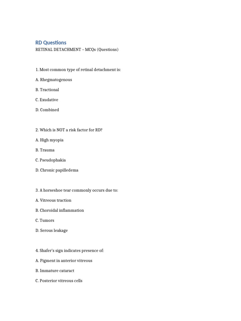 Retinal Detachment and ARMD MCQs Guide | PDF | Human Eye | Ophthalmology