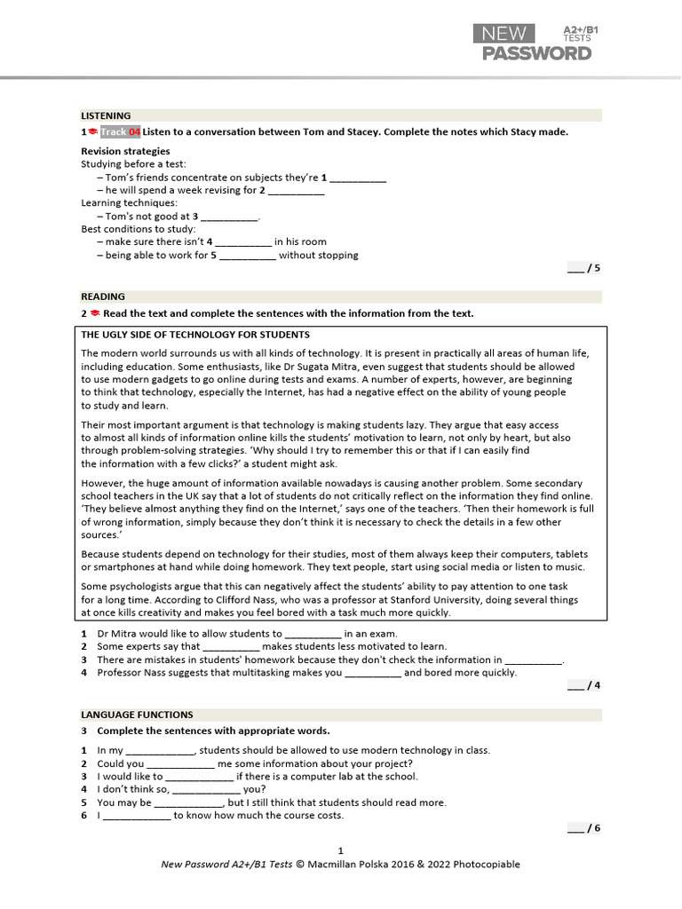 Unit 4 Test: Listening & Language Skills | PDF | English Language ...