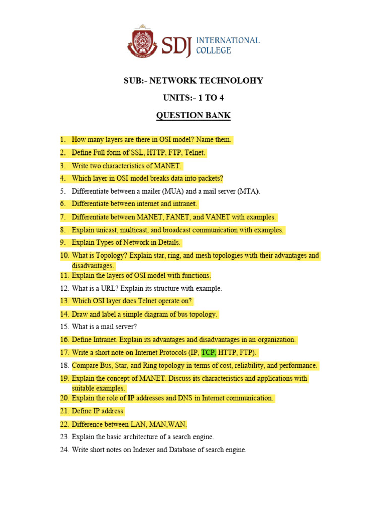 NT_QuestionBank[1] | PDF | Internet Protocol Suite | Computer Network