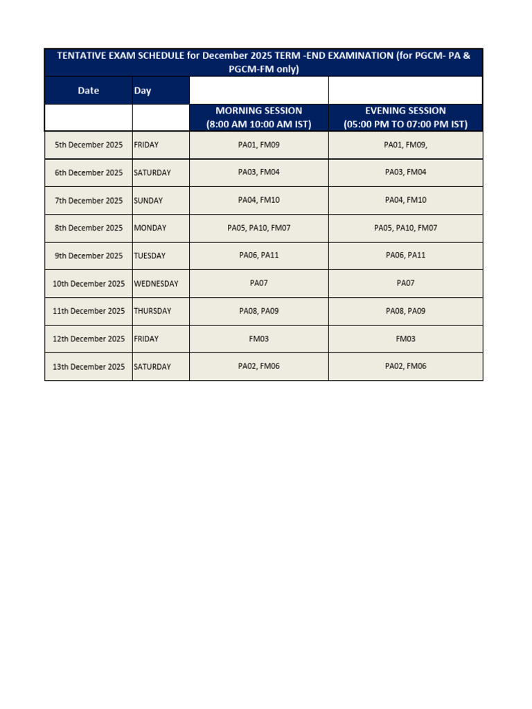 Tentative Exam Schedule For December 25 Term-End Eexams - Pgcm-Pa PGCM ...