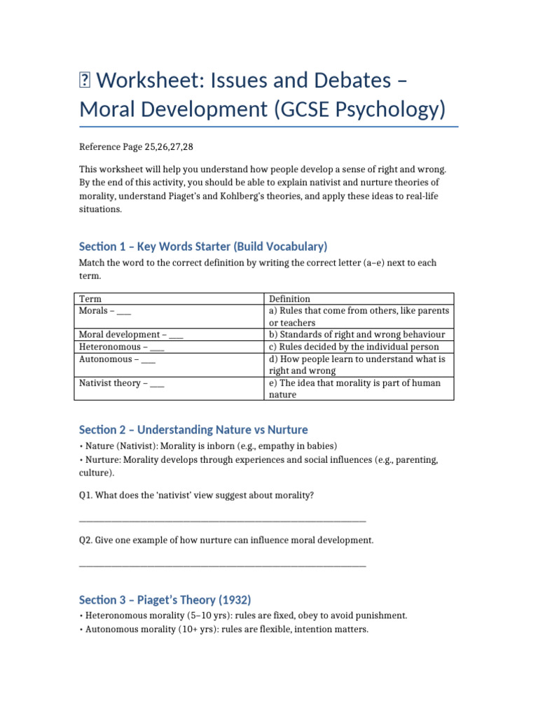 Moral Development Worksheet for GCSE | PDF | Morality | Cognition
