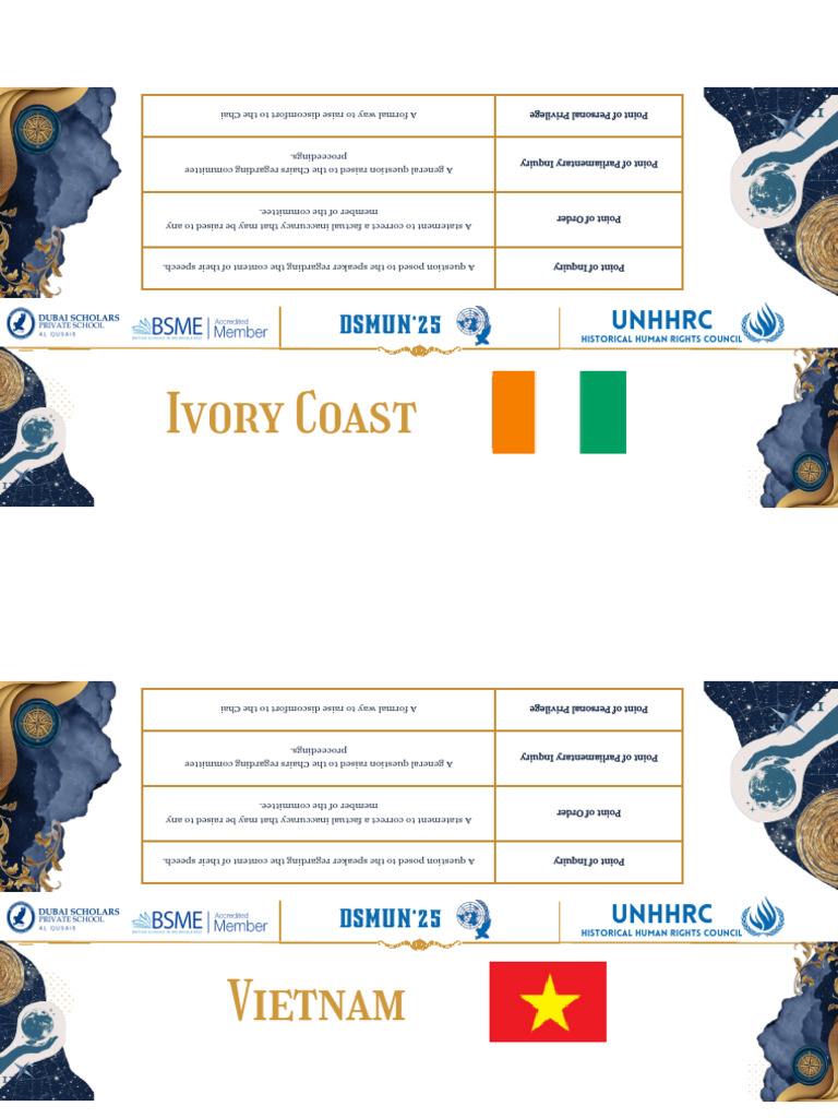 MUN Placard Delegates (10 - 20) | PDF | Group Decision Making | Rules