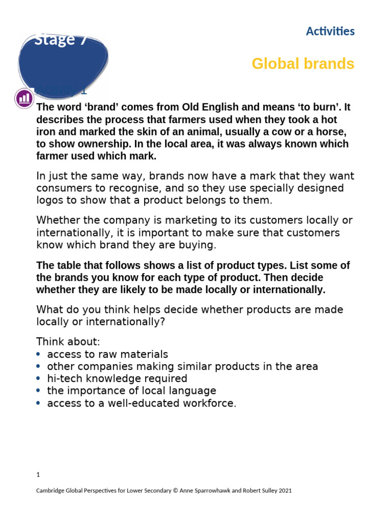 Activity Worksheet - Global Brands | PDF | Brand | Advertising